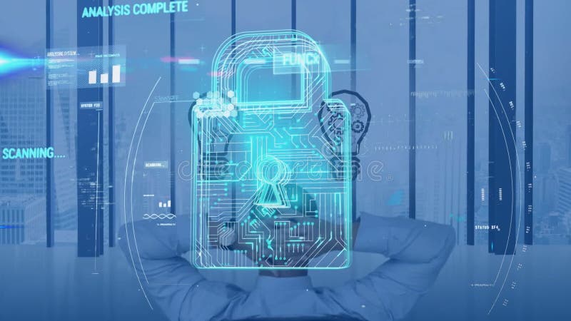 Digital Lock and Data Processing Animation Over Person Relaxing in ...