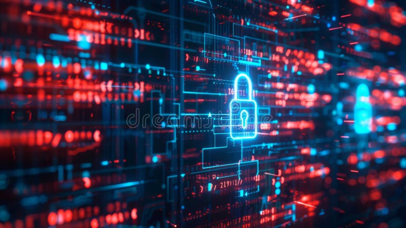 Secure Lock on Computer Screen with Red and Blue Lights Stock Image ...