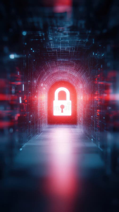 Digital Lock in Futuristic Tunnel with Glowing Effects Stock ...