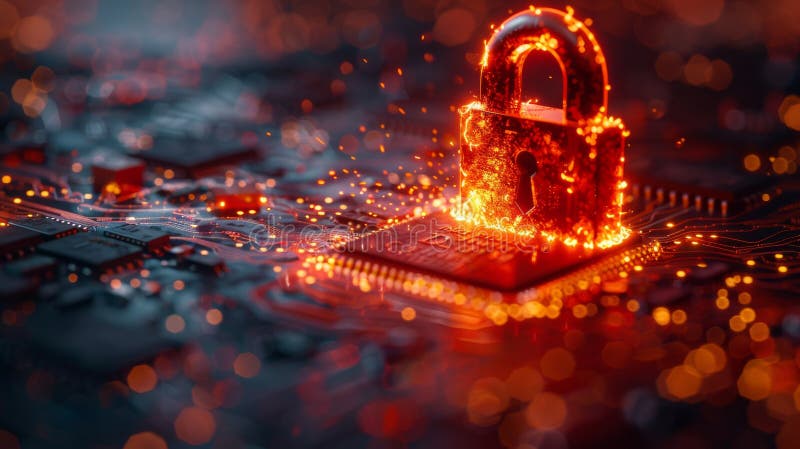 Digital Lock with Glowing Circuits on Computer Motherboard ...