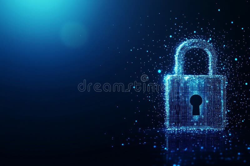 Digital Lock with Glowing Particles on a Blue Background Stock ...