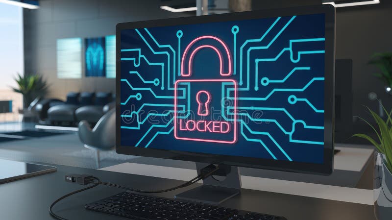 Digital Lock Graphic with "LOCK" Text on Office Computer Stock ...