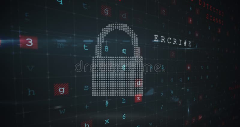 A Digital Lock Icon is Displayed on Screen Filled with Various Letters ...