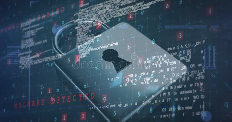 A Digital Lock Icon Surrounded by Various Codes and Text MALWARE ...