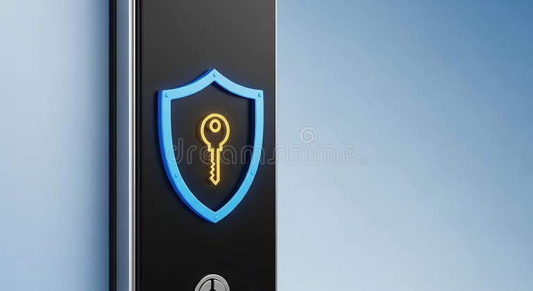 A Digital Lock Interface Features a Glowing Yellow Key Icon within a Blue Shield on Stock ...