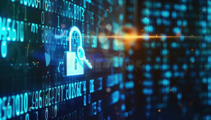 Digital Lock and Key Icon on Blue Data Screen Stock Photo - Image of ...