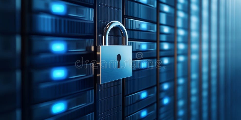 Digital Lock on Server Rack Symbolizing Cybersecurity Measures Stock ...