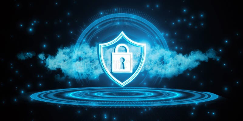 Digital Lock and Shield Cybersecurity Symbol on Futuristic Blue ...