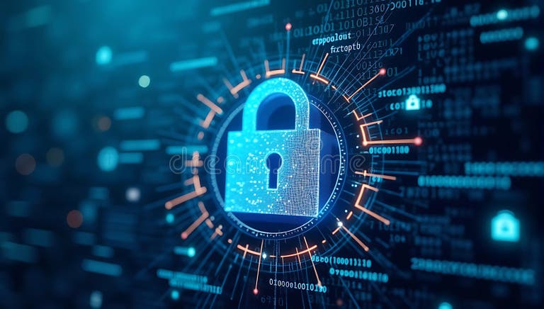 A Digital Lock Surrounded by Glowing Binary Code and Encrypted Symbols, Representing Secure Data ...