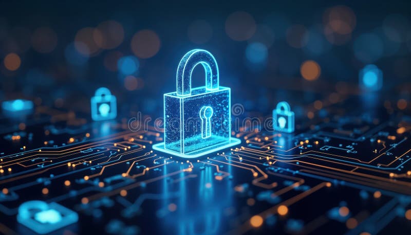 Digital Lock Symbol Secure Tech Concept. Blue Glowing Lock Icon on ...