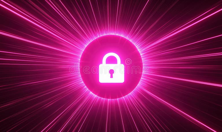 Digital Lock Symbol Surrounded by Vibrant Pink Light Rays Representing ...