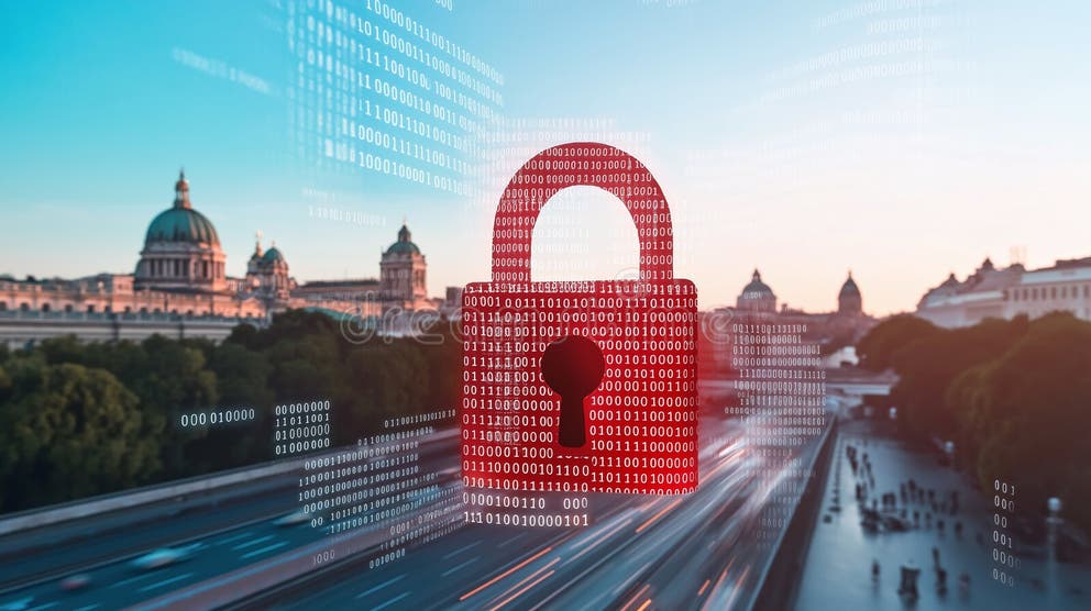 Digital Lock Symbolizing Cybersecurity with Cityscape Background ...
