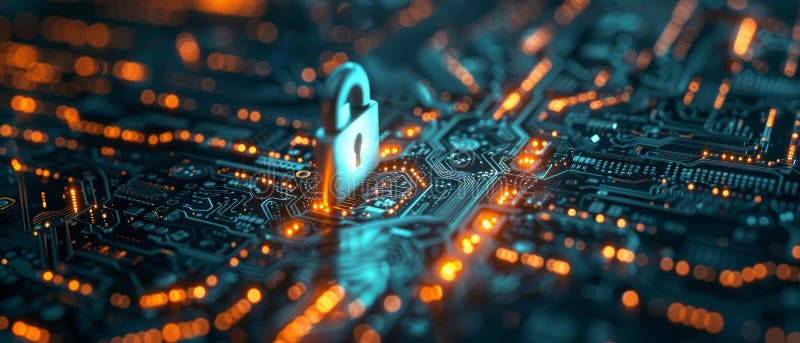 Digital Lock Symbolizing Cybersecurity among Glowing Circuits on a ...