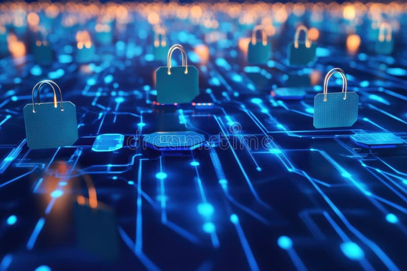 Digital Locks and Technology Circuit on Blue Background Represent ...