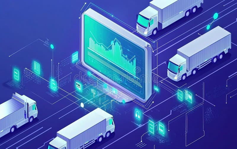 Digital Logistics Network with Trucks and Data Analytics Displayed on a ...