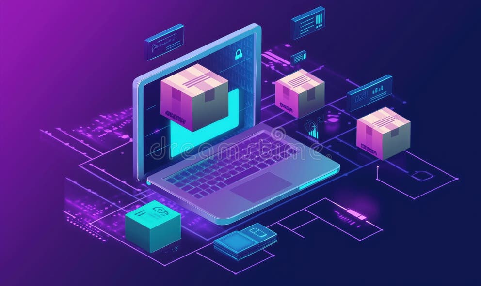 Digital Logistics System with Laptop, Packages, and Data Visualization ...