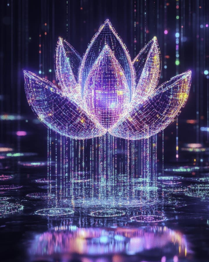 Lotus Flower Illuminated by Vibrant Rainbow Lights with Digital Binary ... Lotus Flower Illuminated by Vibrant Rainbow Lights with Digital Binary ...