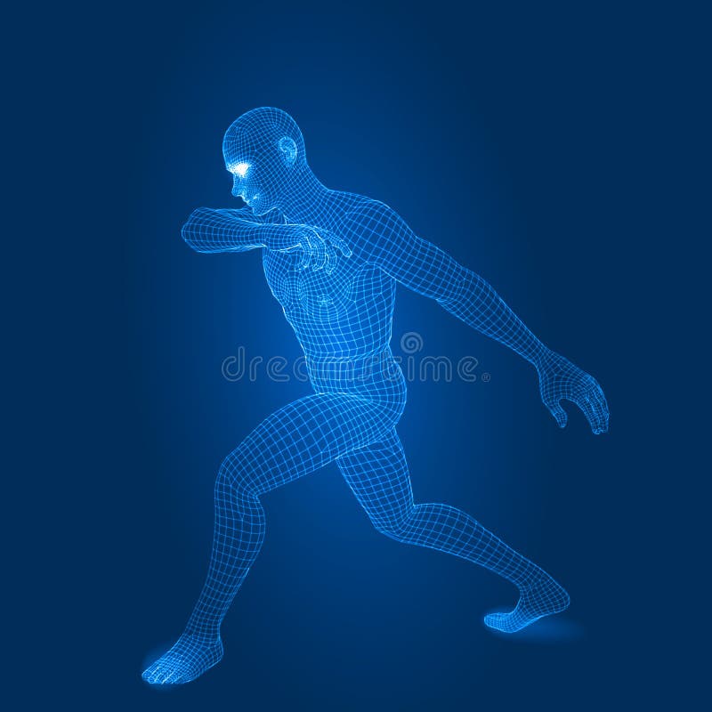 Digital Man Figure in Fight Guard Pose 3d Wireframe Style Vector ...