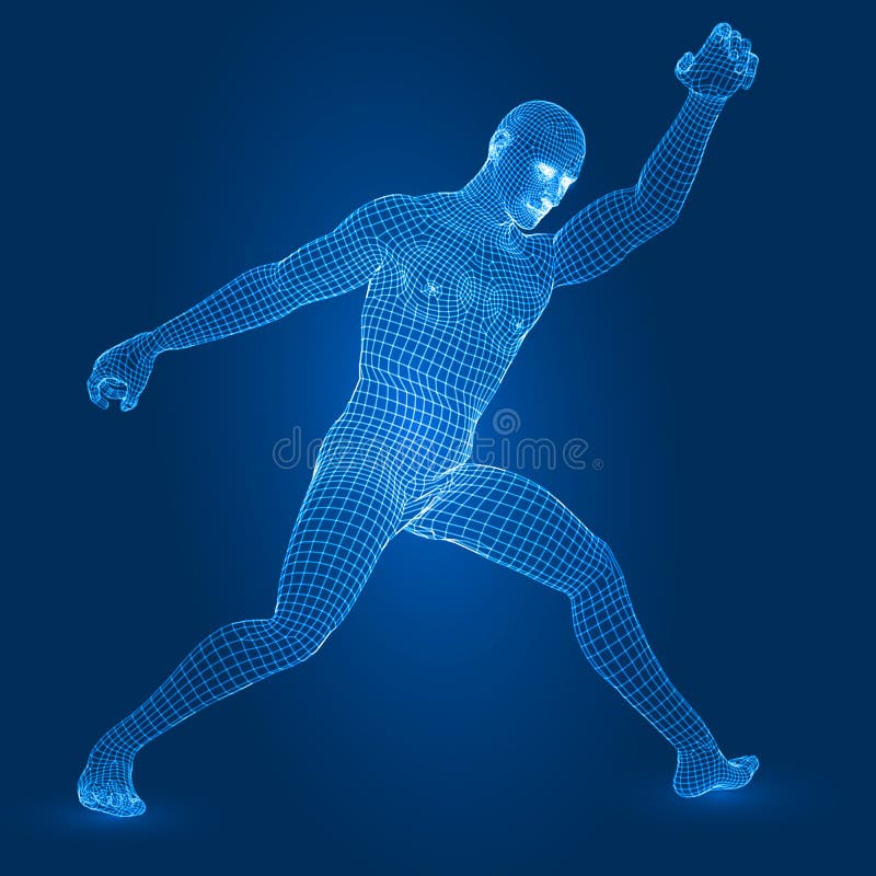 Digital Man Figure in Fight Pose 3d Wireframe Style Vector Illustration ...