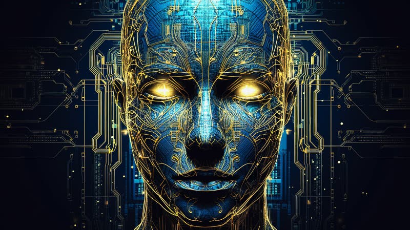 Digital Man S Head with Circuitry Lines Pattern in Metallic Golden ...