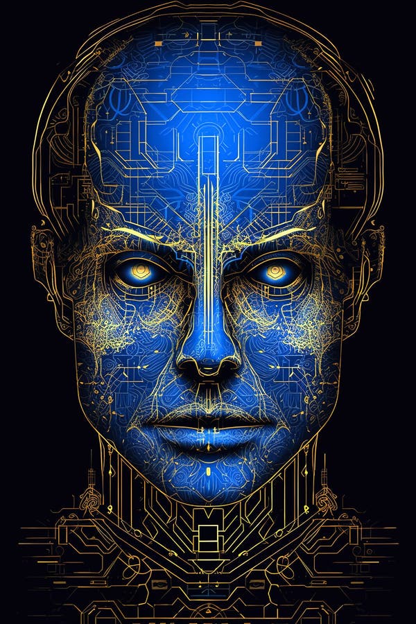 Digital Man S Head with Circuitry Lines Pattern in Metallic Golden ...