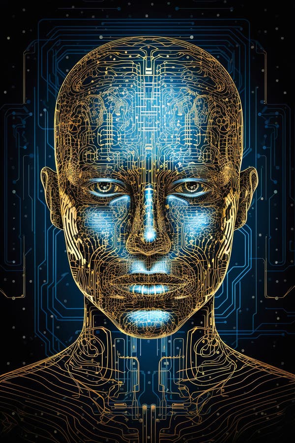 Digital Man S Head with Circuitry Lines Pattern in Metallic Golden ...