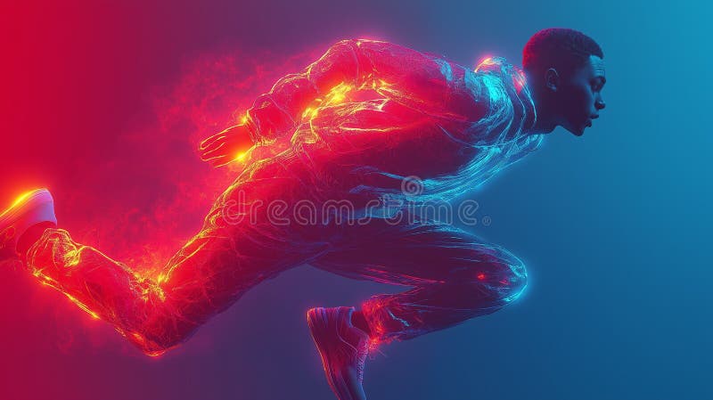 Digital Man Sprinting with Neon Fire and Ice Trail, Glowing Energy ...