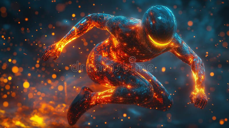 Digital Man Sprinting with Neon Fire and Ice Trail, Glowing Energy ...