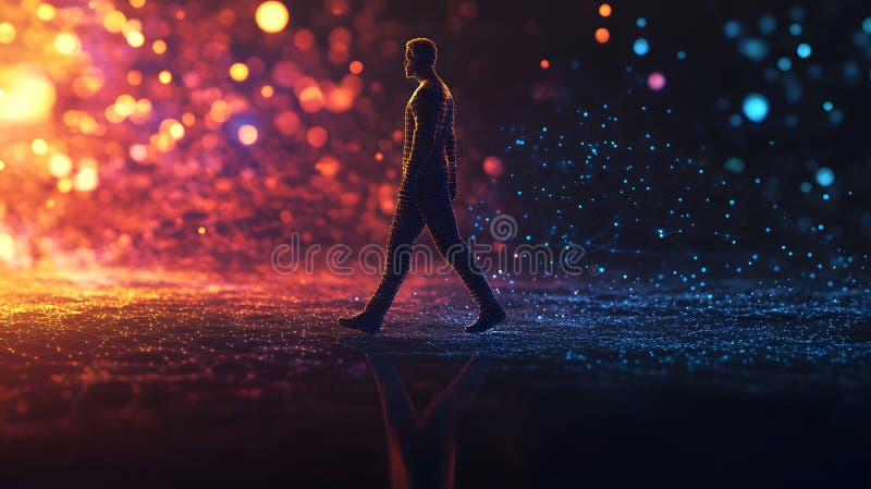 Digital Man Walking on Abstract Network Background Stock Illustration ...