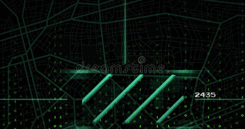 Digital Map With Animation Overlaying Binary Code And Numerical Data