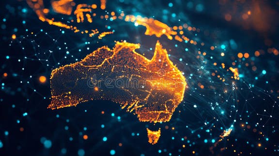 Digital Map of Australia in a Glowing Network Visualization Stock Image ...