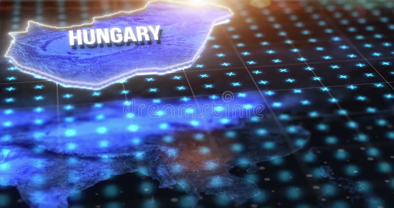 Digital Map, Country Location and Hologram of Hungary on Blue Light ...