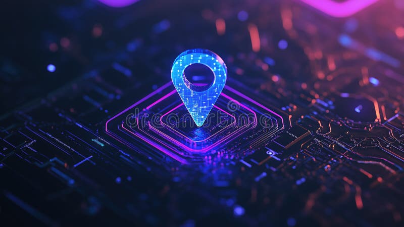 Digital Map Display with Location Pin on Circuit Board Background Stock ...
