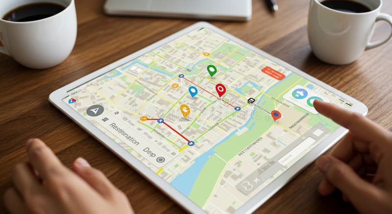 A Digital Map Displayed on a Tablet, Showing a Route with Various ...