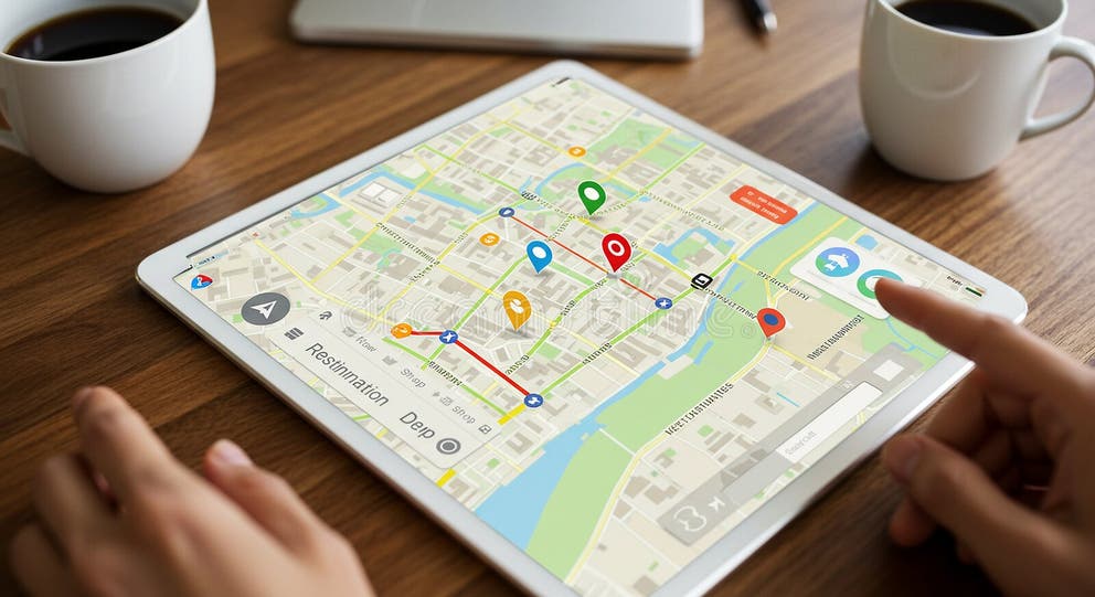 A Digital Map Displayed on a Tablet, Showing a Route with Various ...
