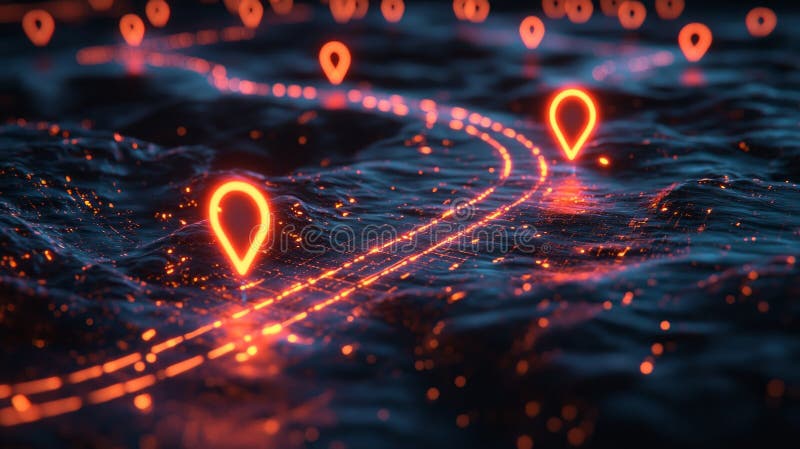 Digital Map Displays Glowing Geolocation Markers Connected Holographic ...