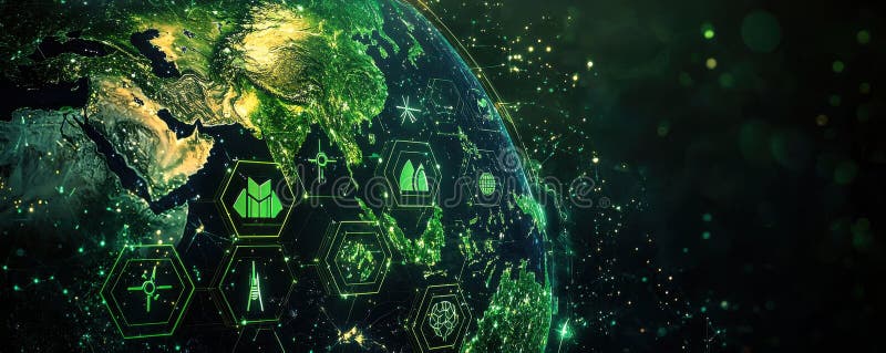 Digital Map of Earth Featuring Green Hexagonal Technology Interface ...