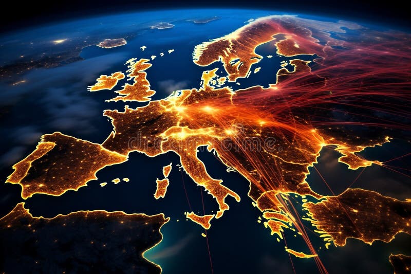 Digital Map of Europe with Bright Lights and Network Lines Depicting ...