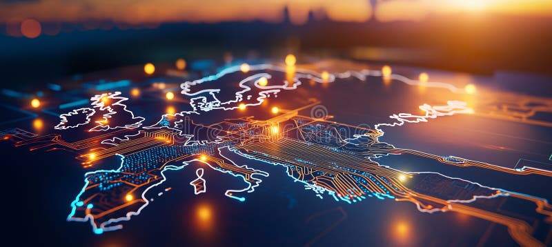 Digital Map of Europe with Glowing Circuit Patterns and Lights ...