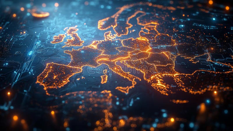 Digital Map of Europe in Glowing Circuits Generative AI Stock ...