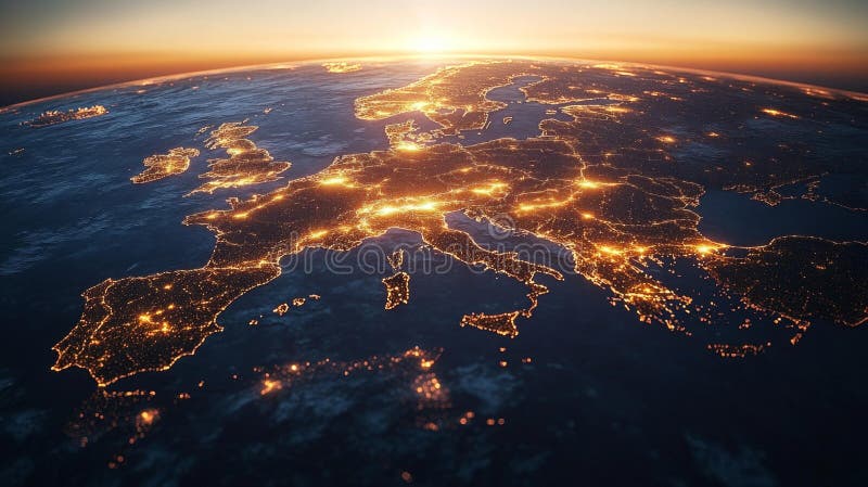 Digital Map of Europe with Glowing Network Connections and Global ...