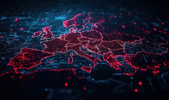 Digital Map of Europe with Glowing Red and Blue Network Connections and ...