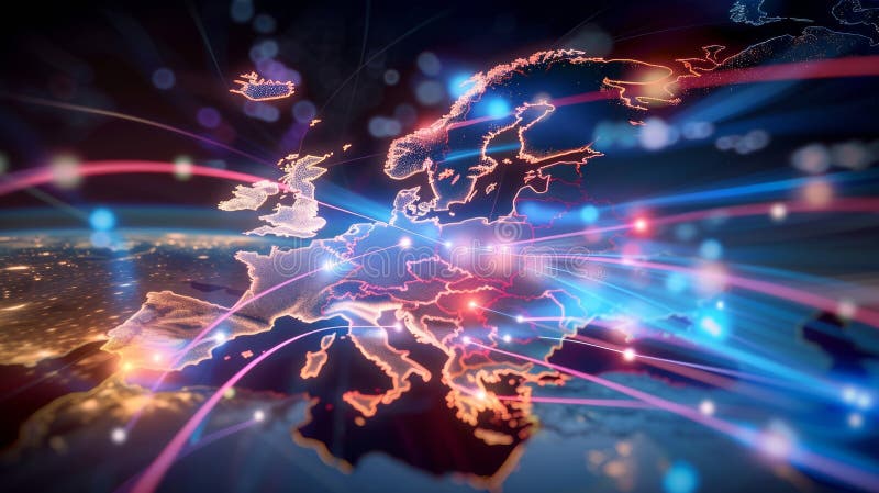 A Digital Map of Europe, Highlighted with Glowing Outlines and Vibrant ...