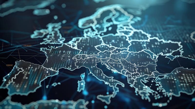 Digital Map of Europe, Network Connection and Data Flow, Futuristic ...