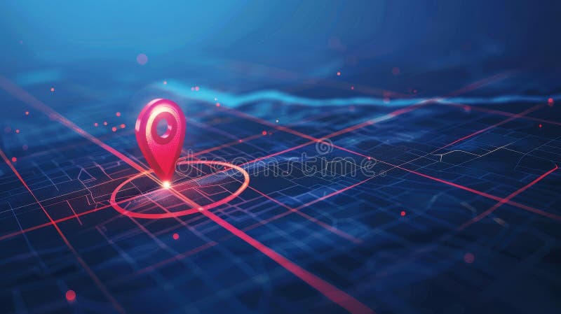A Digital Map Features a Glowing Red Pin on a Dark Blue Grid ...