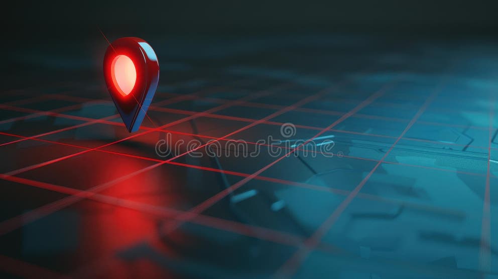 A Digital Map Features a Glowing Red Pin on a Dark Blue Grid ...