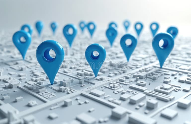 Digital Map Featuring Blue Location Pins Marking Points of Interest ...