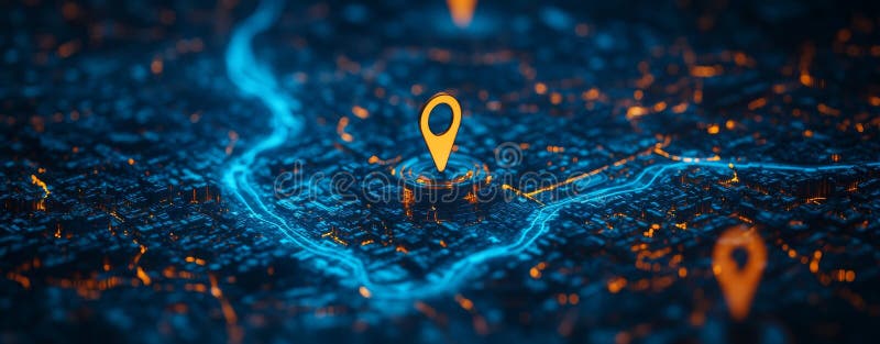 A Digital Map Featuring Illuminated Location Markers Indicating GPS and ...