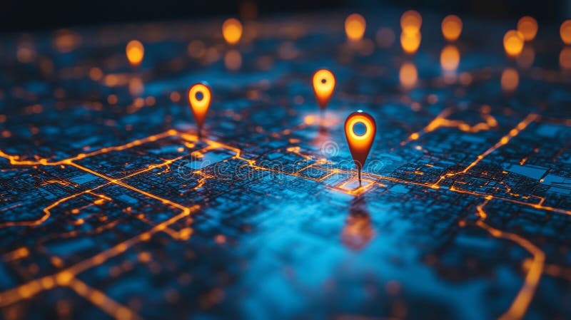 Digital Map with Glowing Location Markers and Streets Stock ...