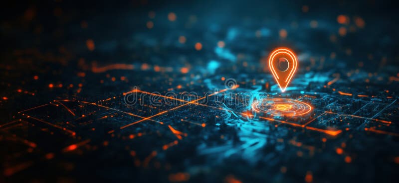 Digital Map with Glowing Location Pin and Futuristic Cityscape ...